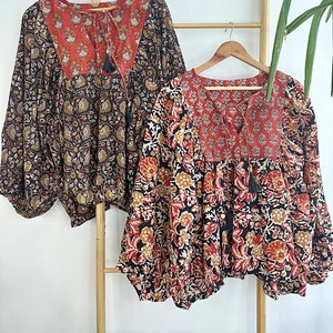 Pure Cotton Earthy Floral Bohemian Blouse Top Indian Bagru Block Print ...