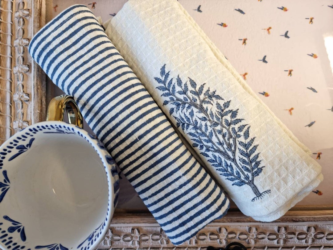 Tea Towels Set Handblock Printed Cotton Floral Linen | Elegant Pastel ...