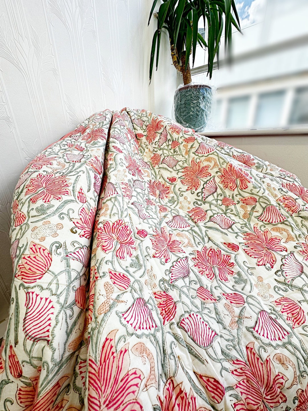 Quilted Pure Cotton Reversible Bed Throw King Size Summer Indian Quilt ...