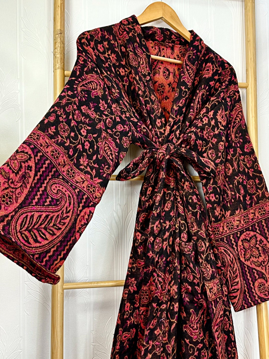 Paisley Unisex Yak Wool Blend Kimono/house Lounge Robe | Classic Black ...