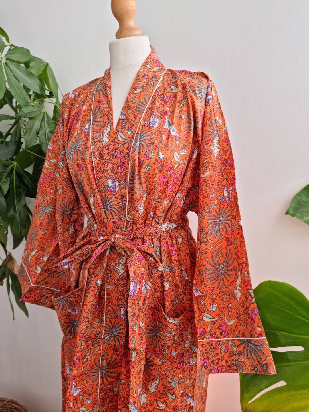 Pure Cotton Handprinted House Robe Tropical Kimono - Bright Peachy ...