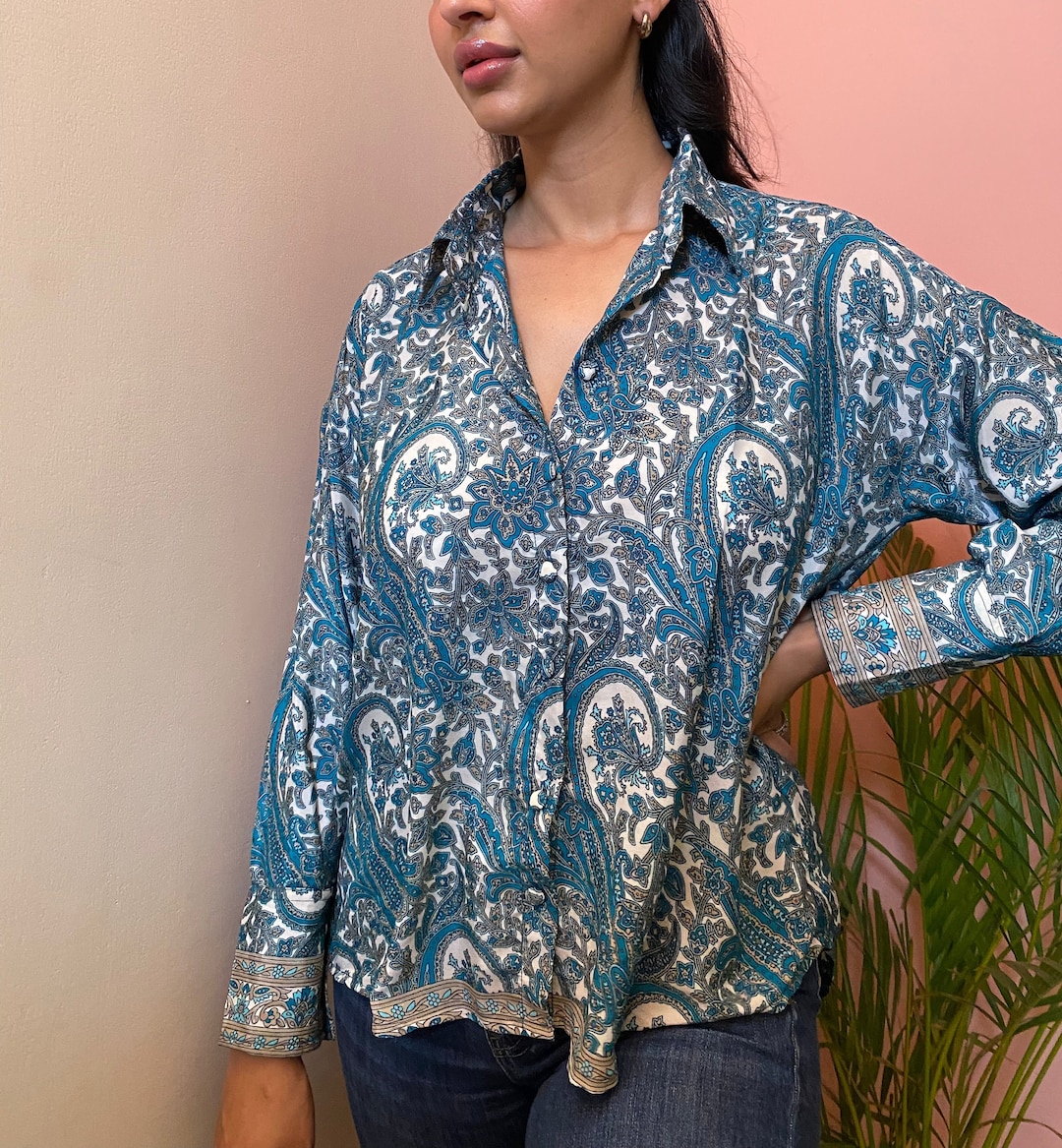 Bohemian Earthy Blouson Silky Blend Shirt Easy Casual Boho Women's Top ...