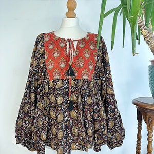 Pure Cotton Earthy Floral Bohemian Blouse Top Indian Bagru Block Print ...