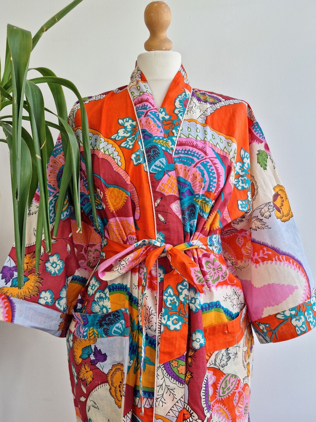 Pure Cotton Handprinted House Robe Tropical Kimono - Orange Exotic ...