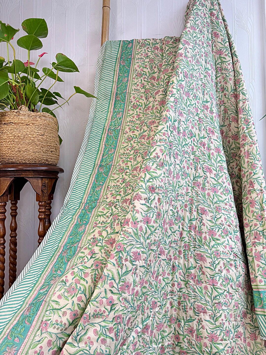 Pure Soft Cotton Indian Floral Reversible Bed Throw Quilted King Size ...