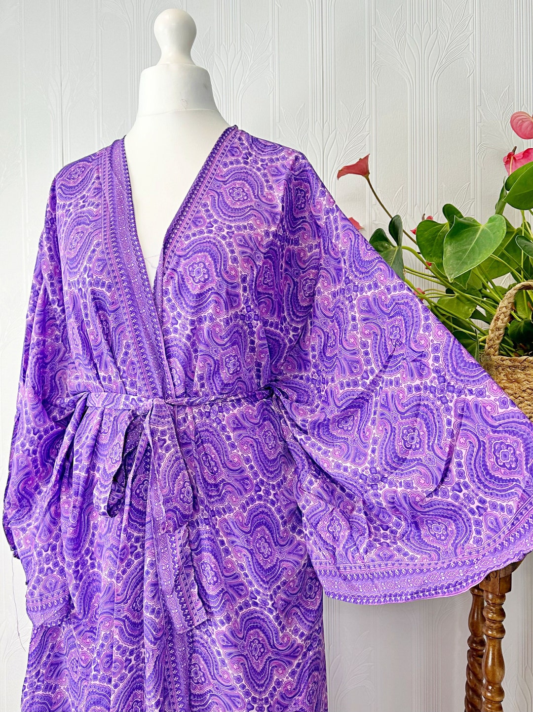 New Silky Sari Boho Kimono Regal House Robe - Luxury Lounge Royal Flowy ...