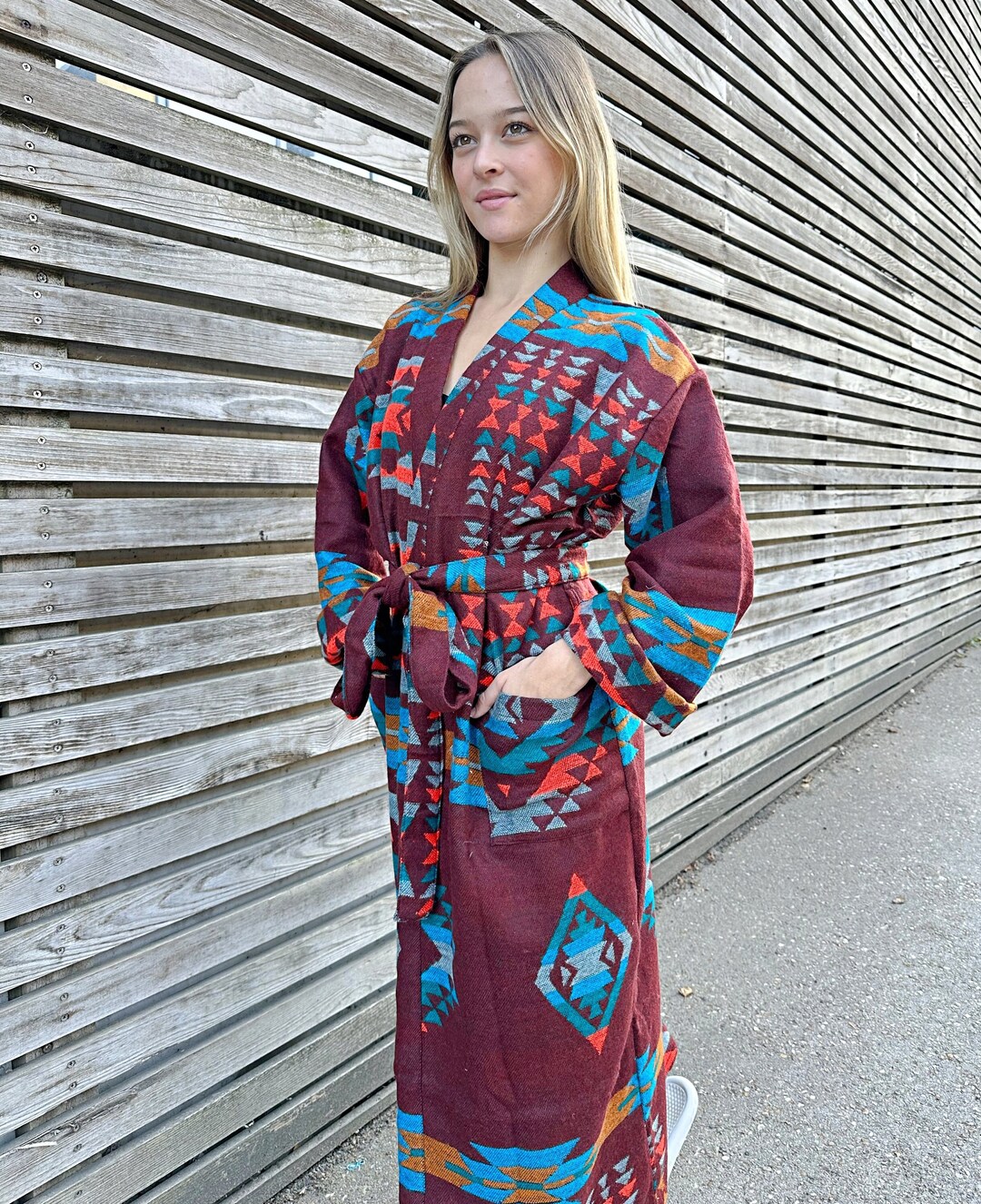Unisex Yak Wool Blend Geometric Kimono/robe – Regal Brick Deep Maroon ...