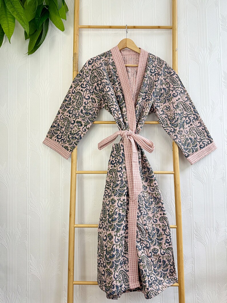 Pure Waffle Cotton Handprinted House Bath Dress Robe Summer Kimono ...