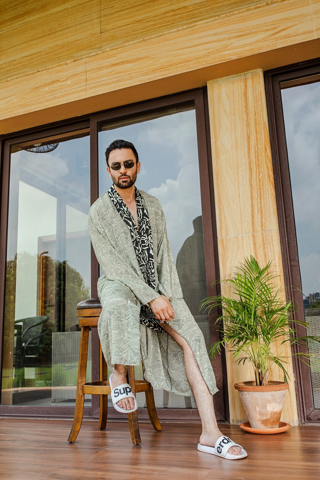 Men's Silky Boho Kimonos Man House Beach Artist Robe- Digital Midnight ...