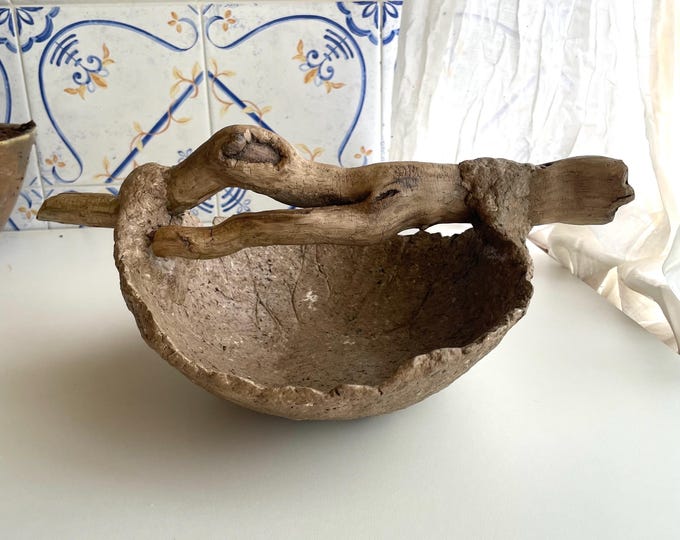 Wabi Sabi Paper Mache Bowl: Driftwood Handle, Rustic Centerpiece - Etsy