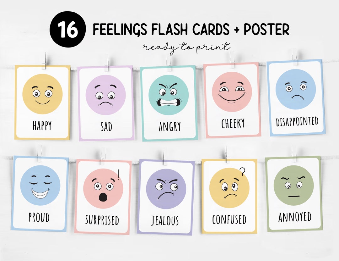 16 Emotion Flashcards Printable, Feelings Flashcards, Emotions and ...