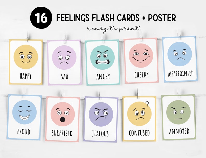 16 Emotion Flashcards Printable, Feelings Flashcards, Emotions and ...