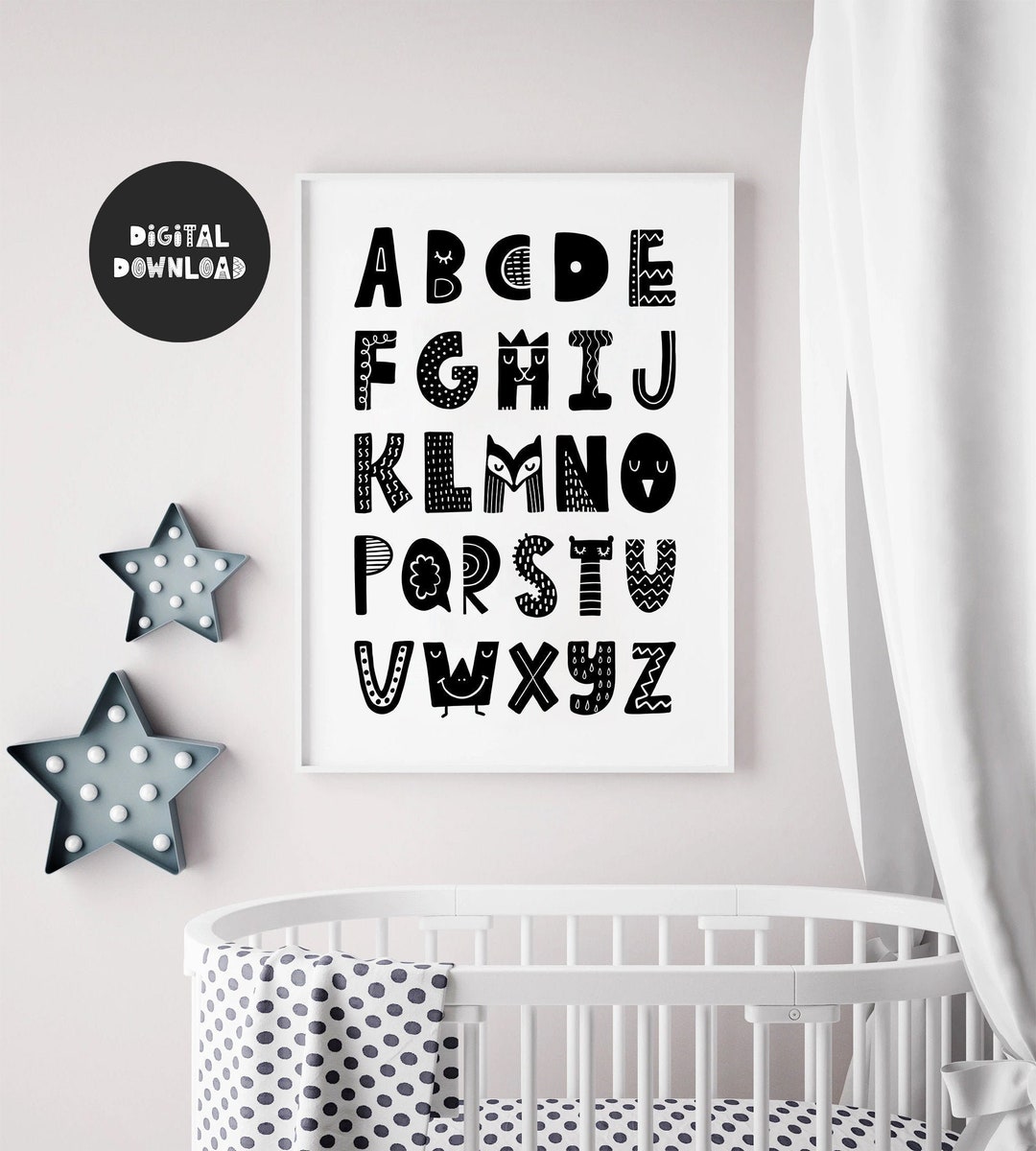 Alphabet Nursery Print, Black & White Alphabet Print, Boys Bedroom ...