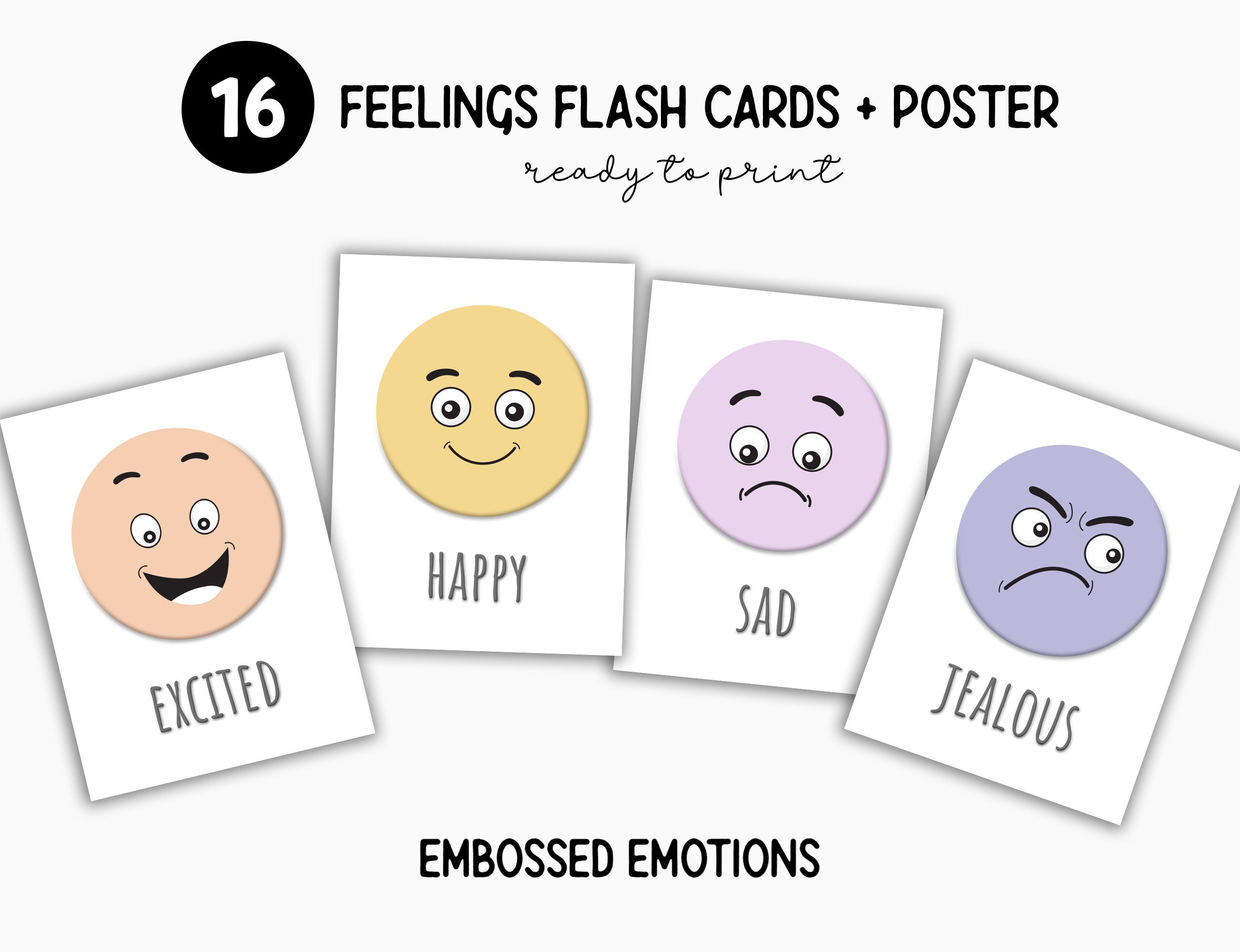 16 Embossed Emotion Flashcards Printable Feelings Flashcards - Etsy