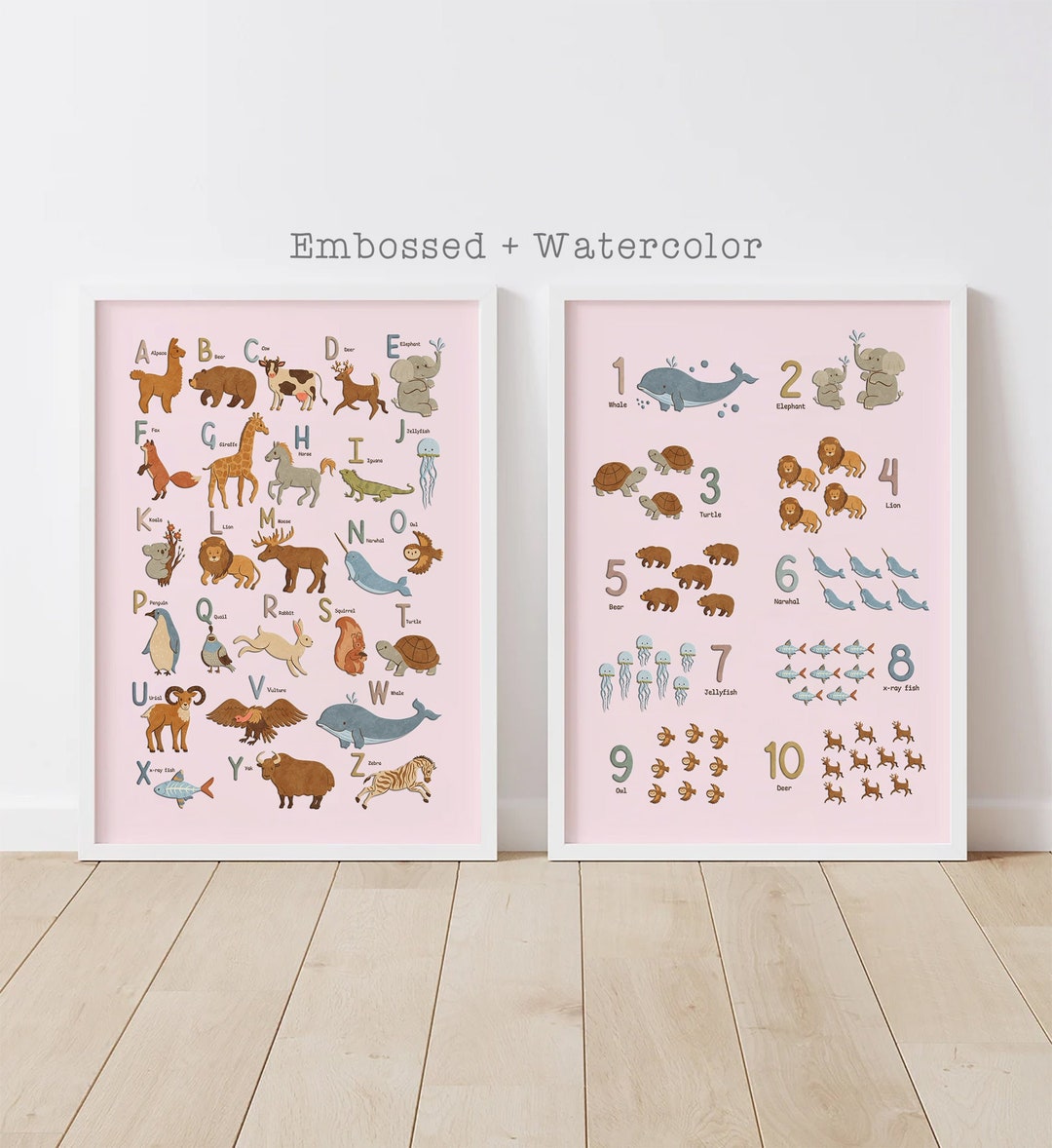 Watercolor Pink Animal Alphabet Numbers Printable, Nursery Decor Wall ...
