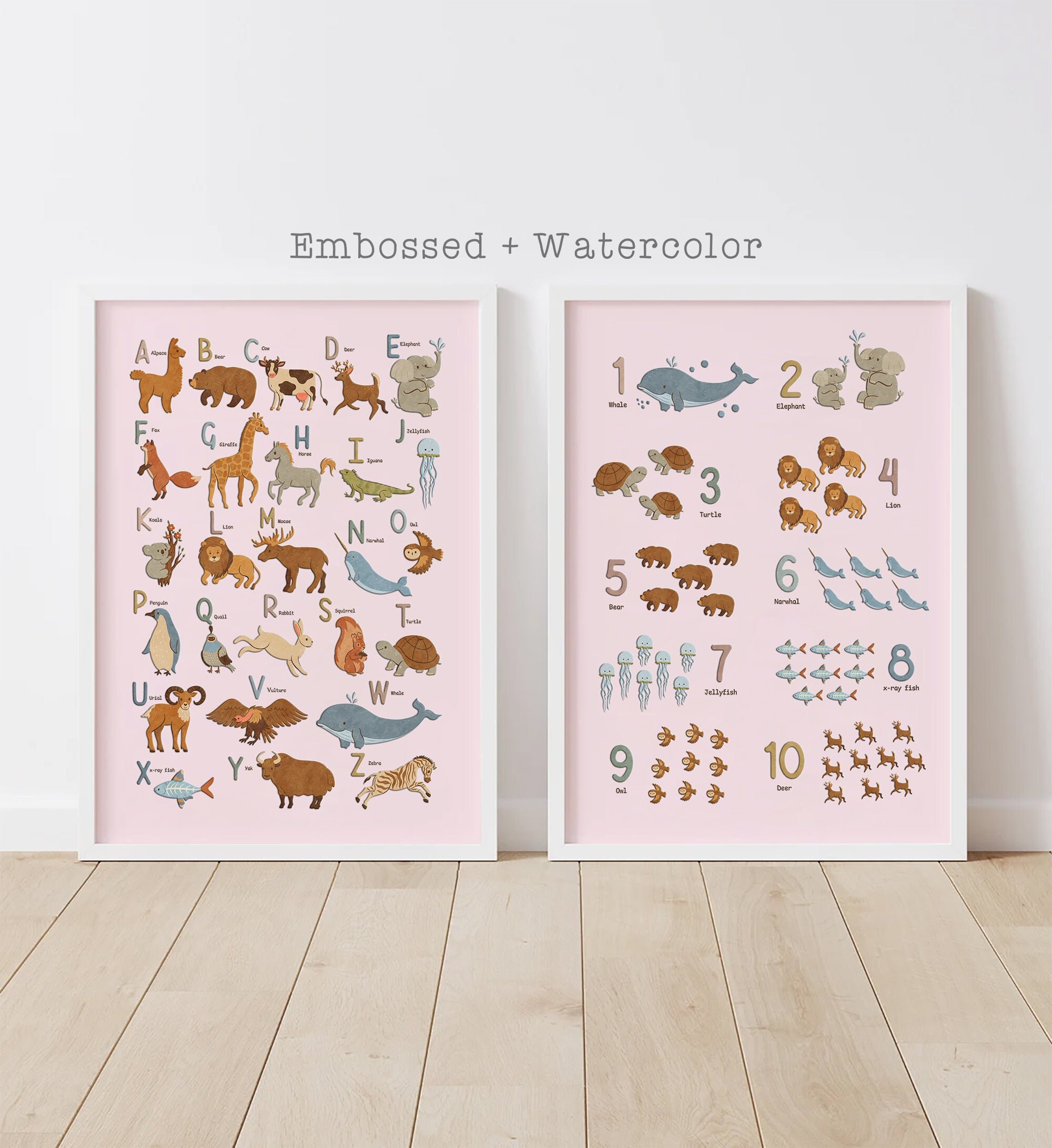 Watercolor Pink Animal Alphabet Numbers Printable, Nursery Decor Wall ...