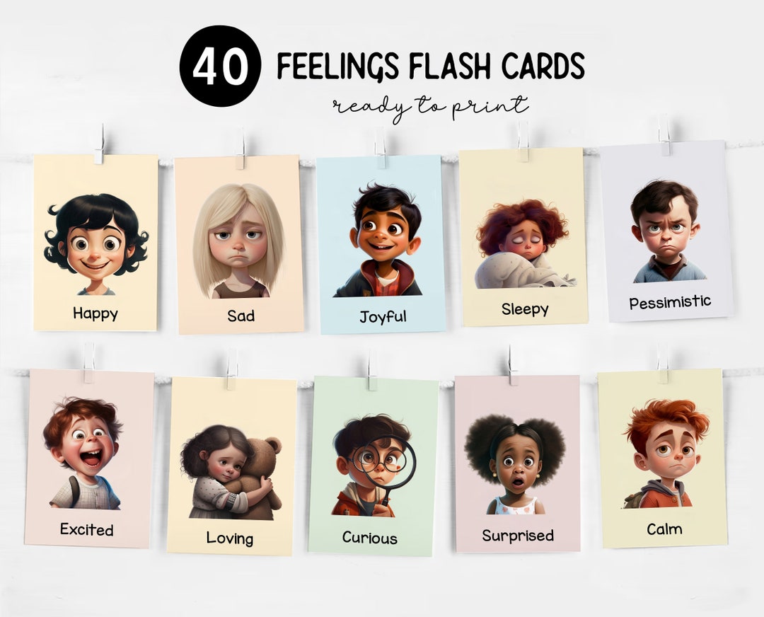 40 Photo Emotion Flashcards Printable, Feelings Flashcards, Pastel ...