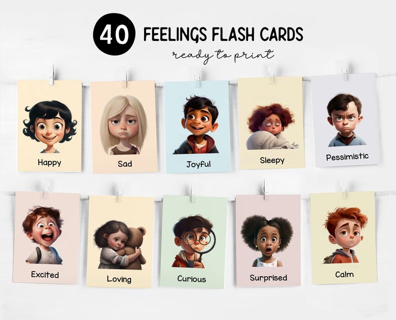 40 Photo Emotion Flashcards Printable, Feelings Flashcards, Pastel ...