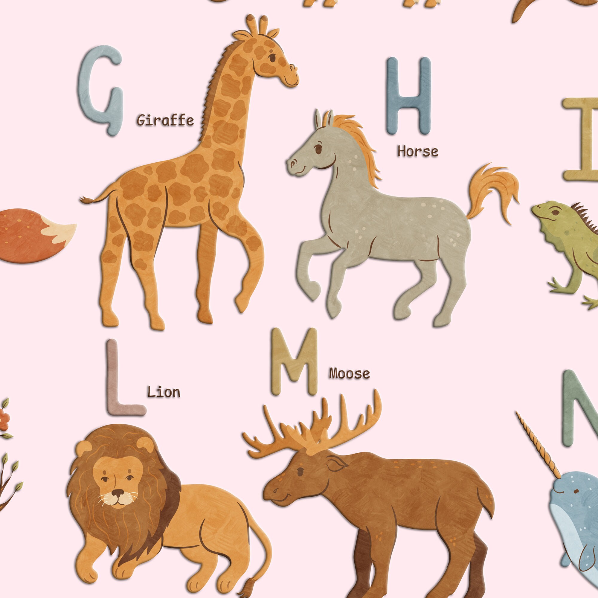 Watercolor Pink Animal Alphabet Numbers Printable, Nursery Decor Wall ...