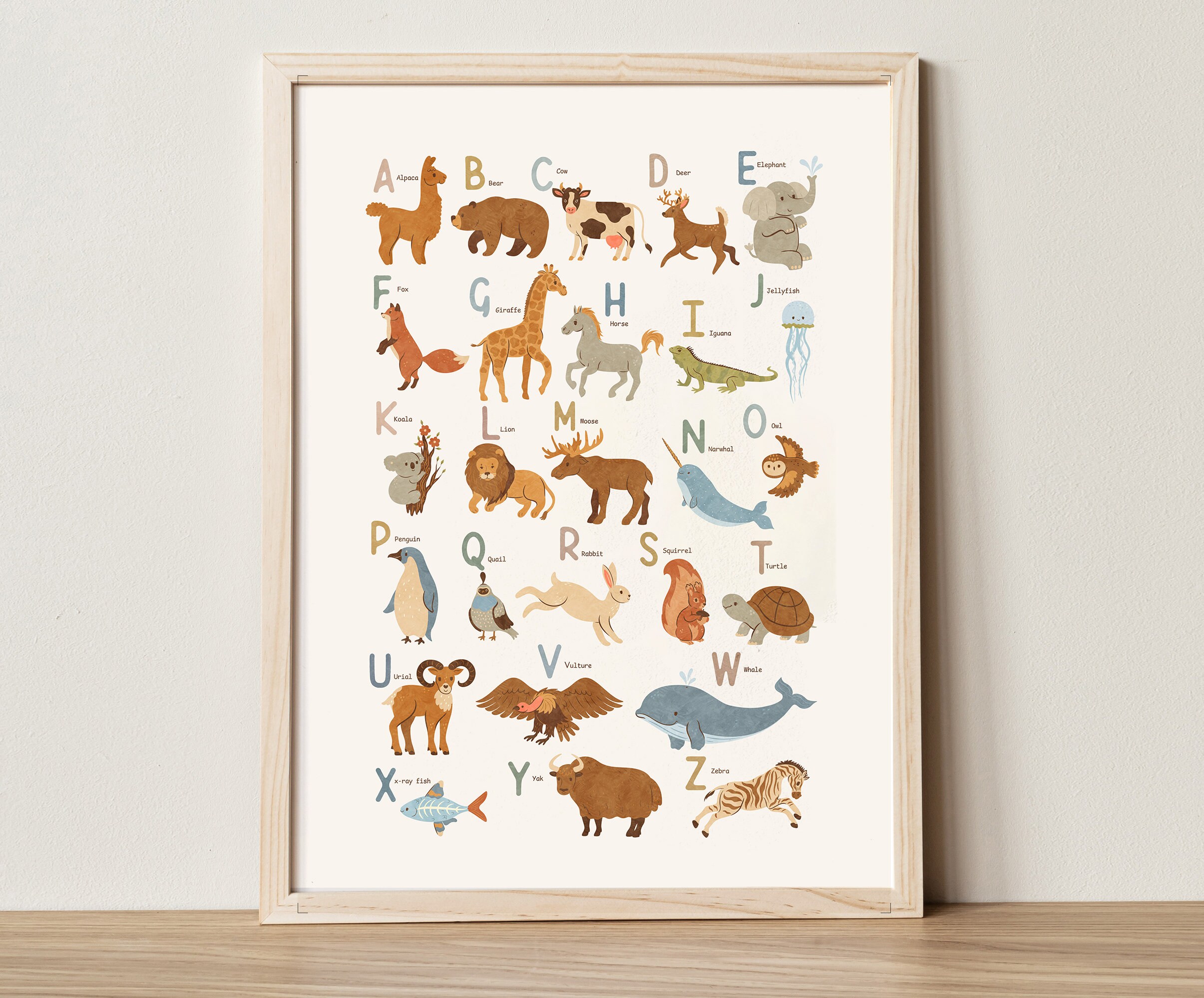Watercolor Animal Alphabet Numbers Print, Kids Educational Poster ...