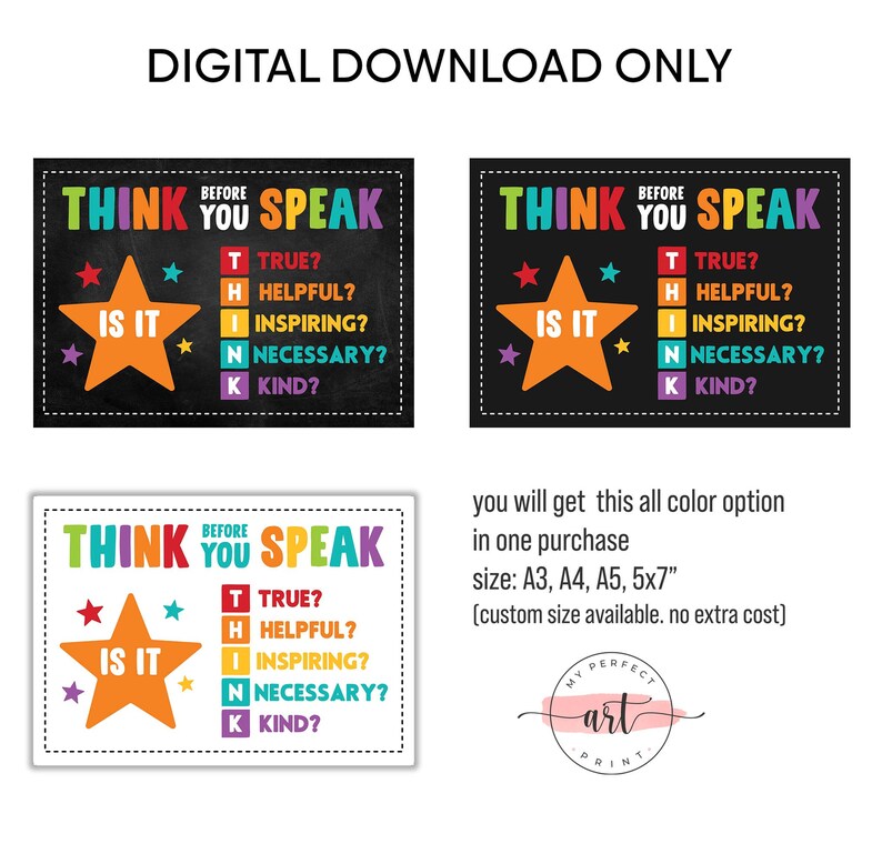 Think Before You Speak Inspirational Classroom Wall Art Poster, School ...