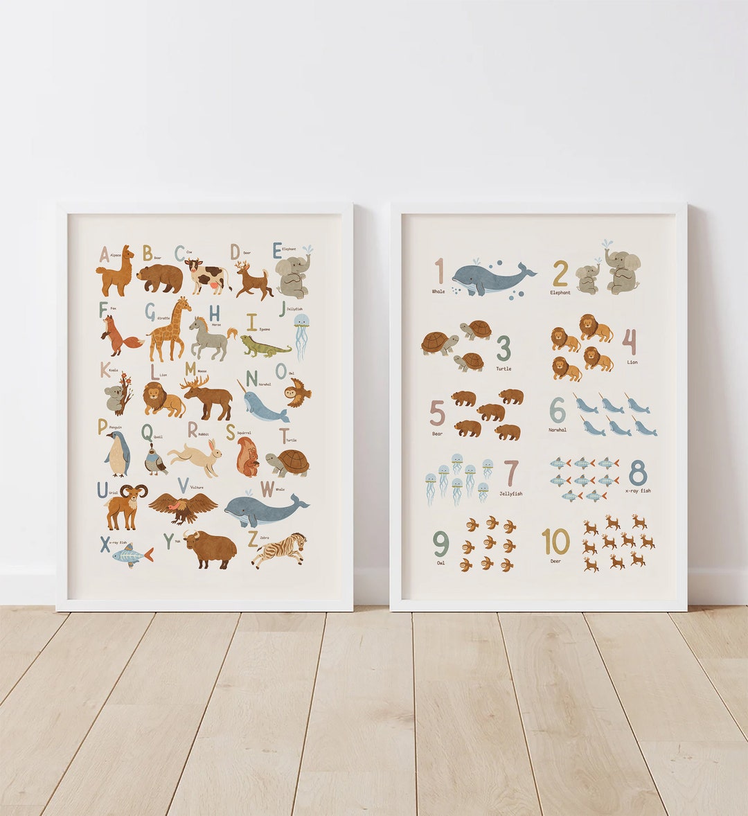 Watercolor Animal Alphabet Numbers Print, Kids Educational Poster ...