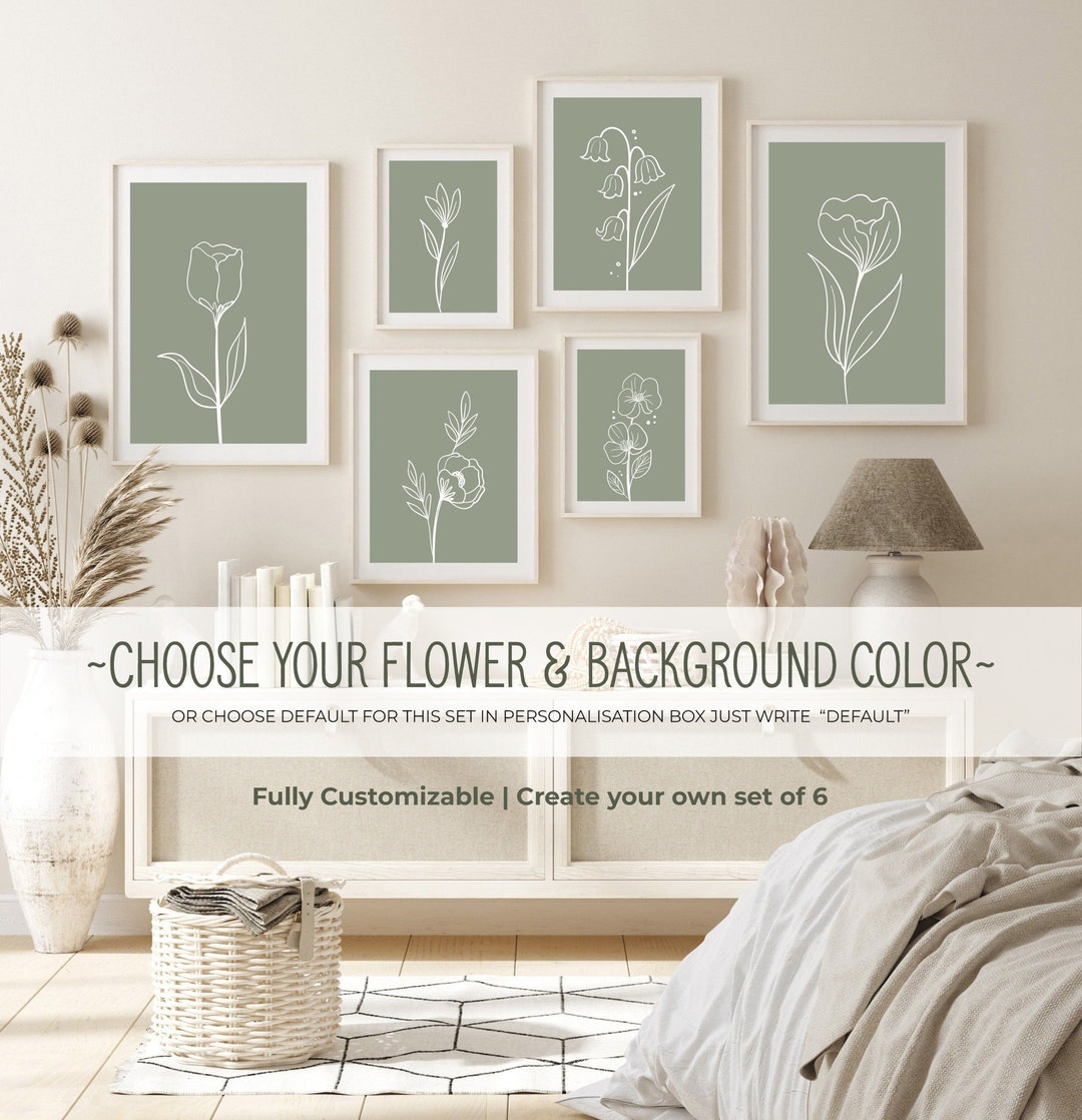 Custom Sage Green Flower Botanical Line Art Printable Set of 6, Sage ...