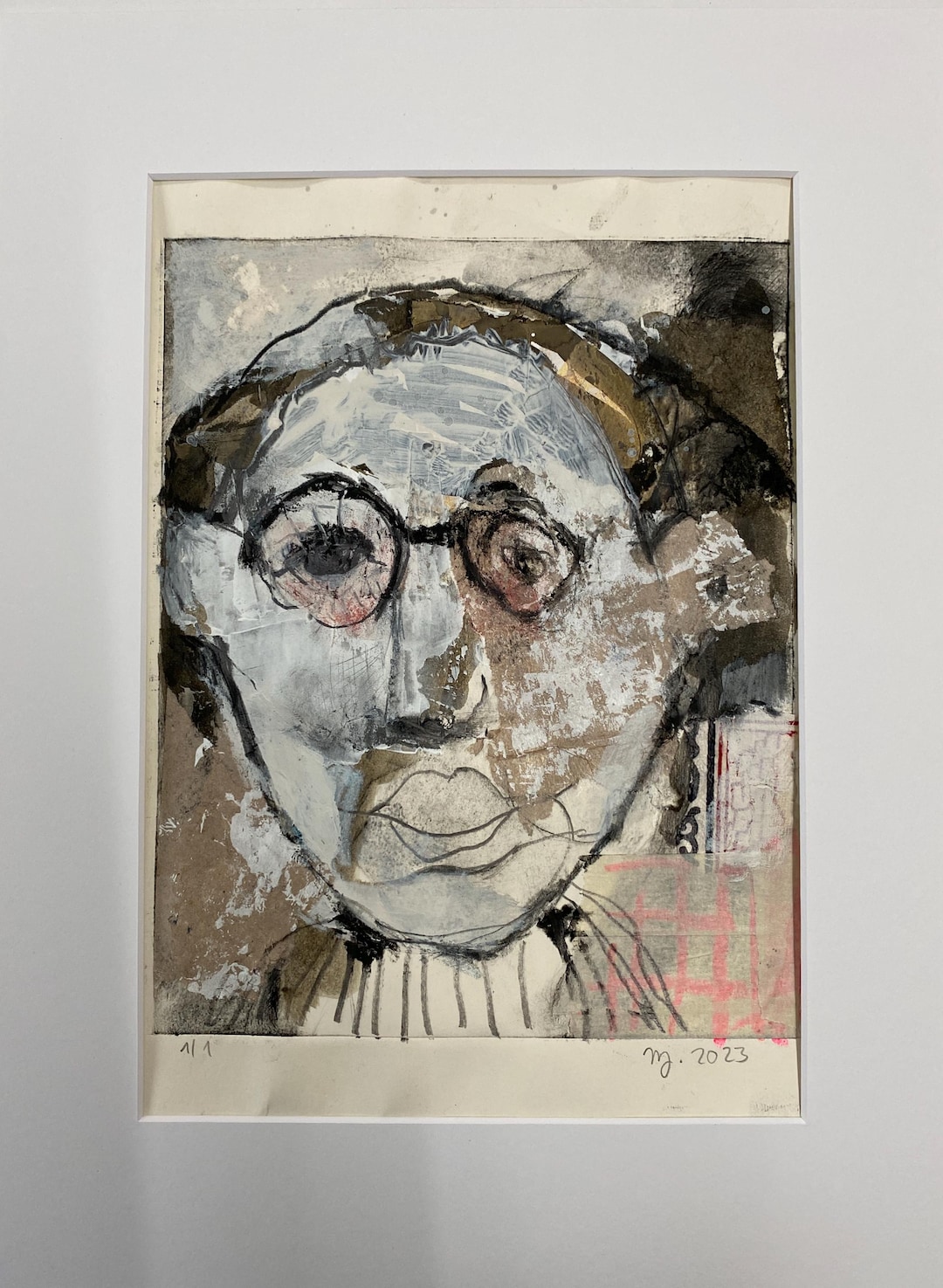 Portrait Drawing and Collage on Paper, Abstract, 30 X 40 Cm, Incl ...