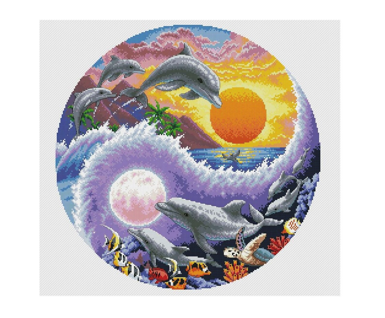Sea Life Cross Stitch Pattern | Dolphins Cross Stitch | Sunset Cross ...