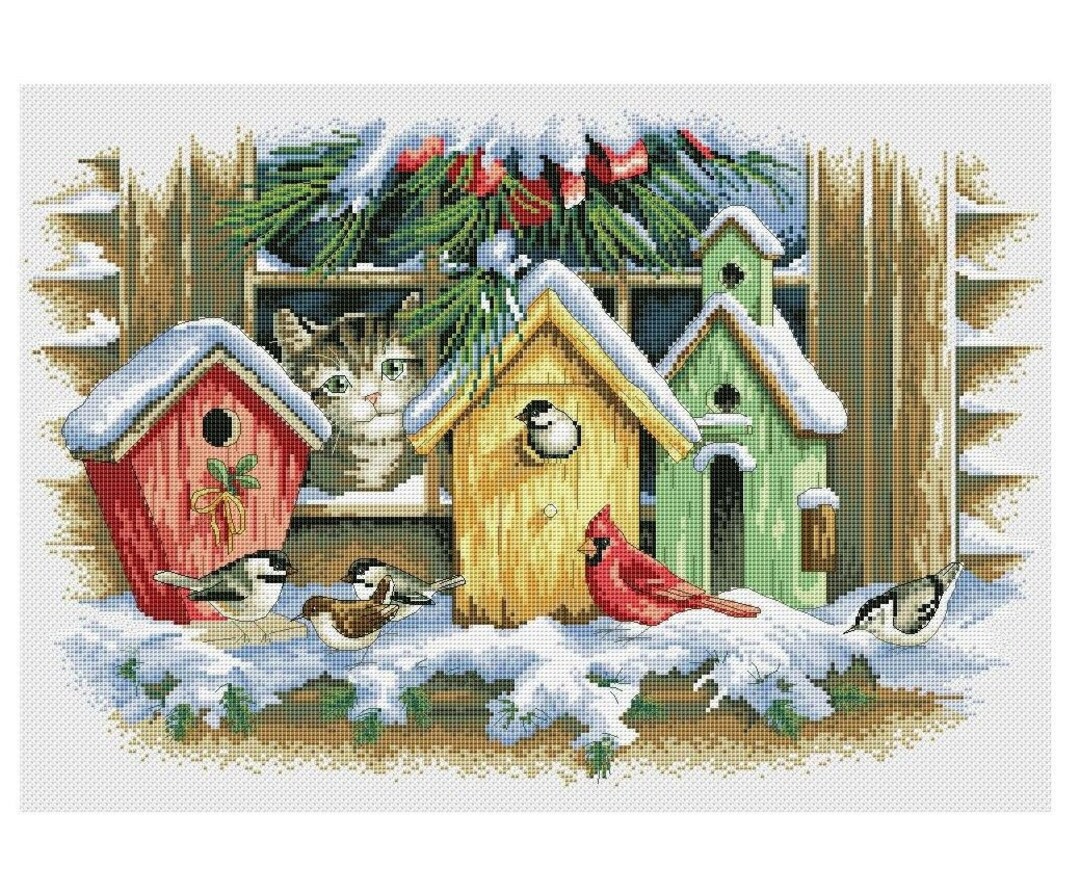 Christmas Scene Cross Stitch Pattern | Christmas Cat Cross Stitch ...