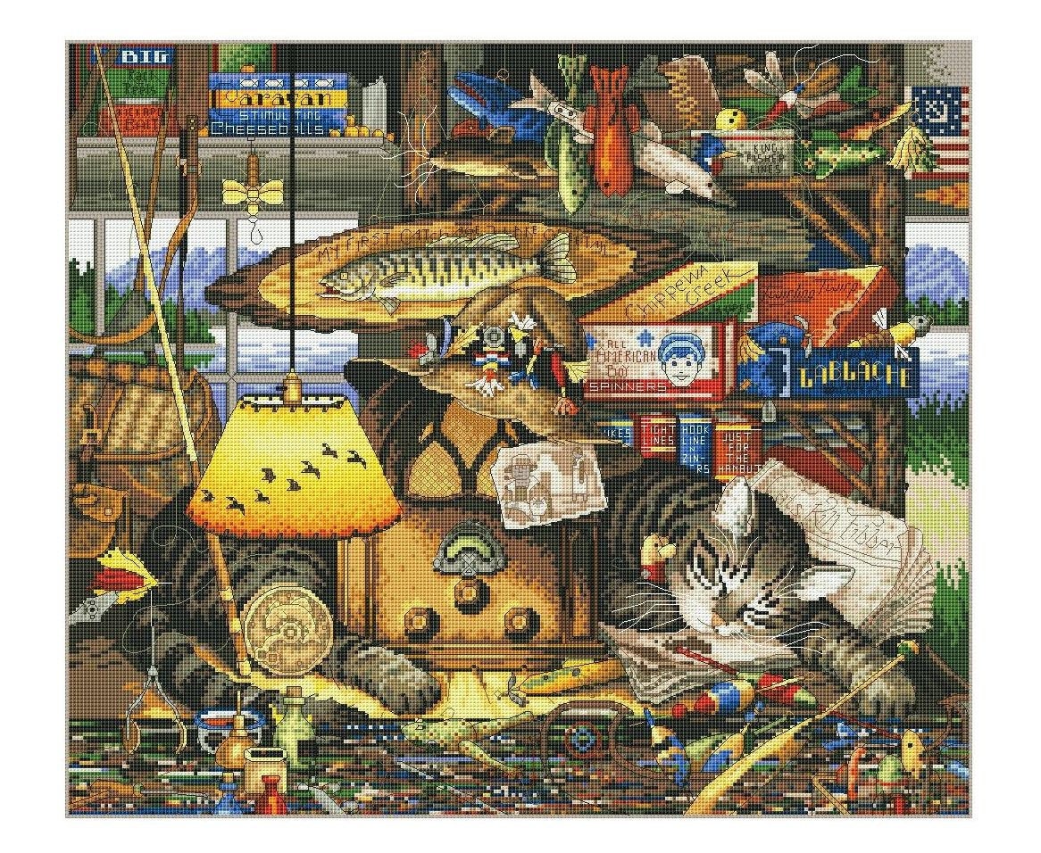 Fishing Cross Stitch Pattern PDF | Cat Cross Stitch Pattern | Instant ...