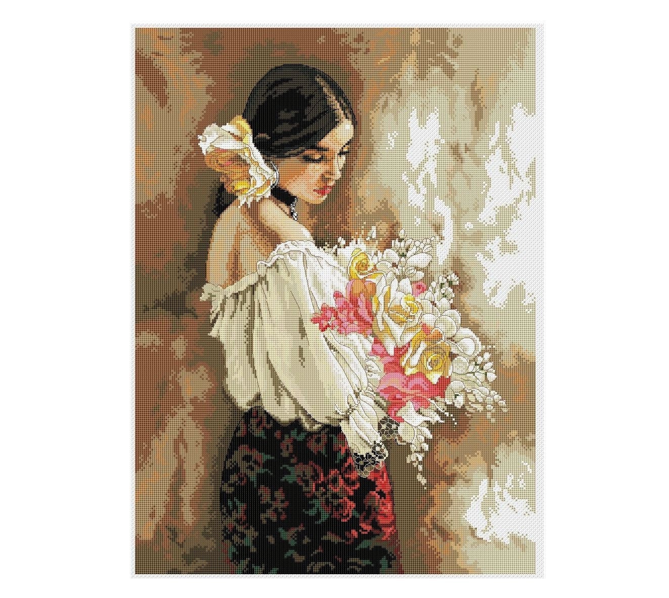 Woman With Flowers Cross Stitch Pattern | Woman Face Cross Stitch ...