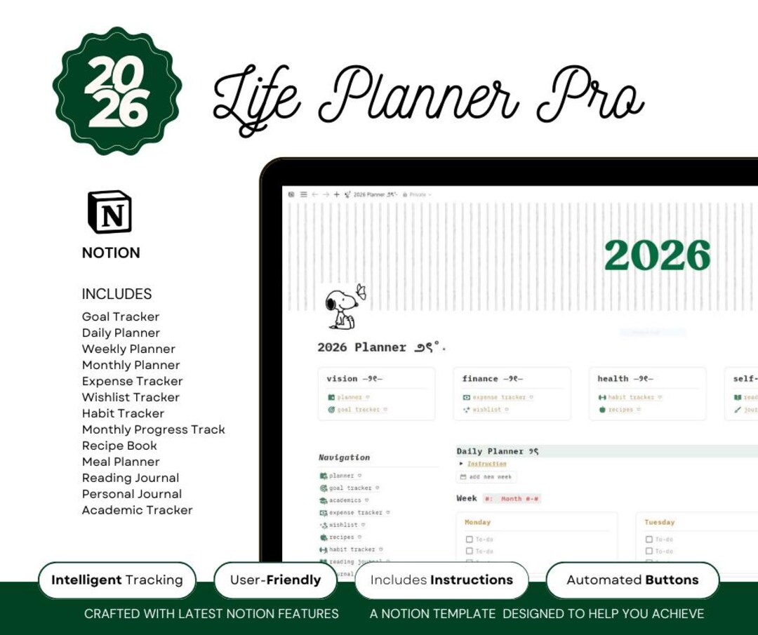 2026 Notion Planner Pro | Snoopy Dashboard | Mono-style Notion Template ...