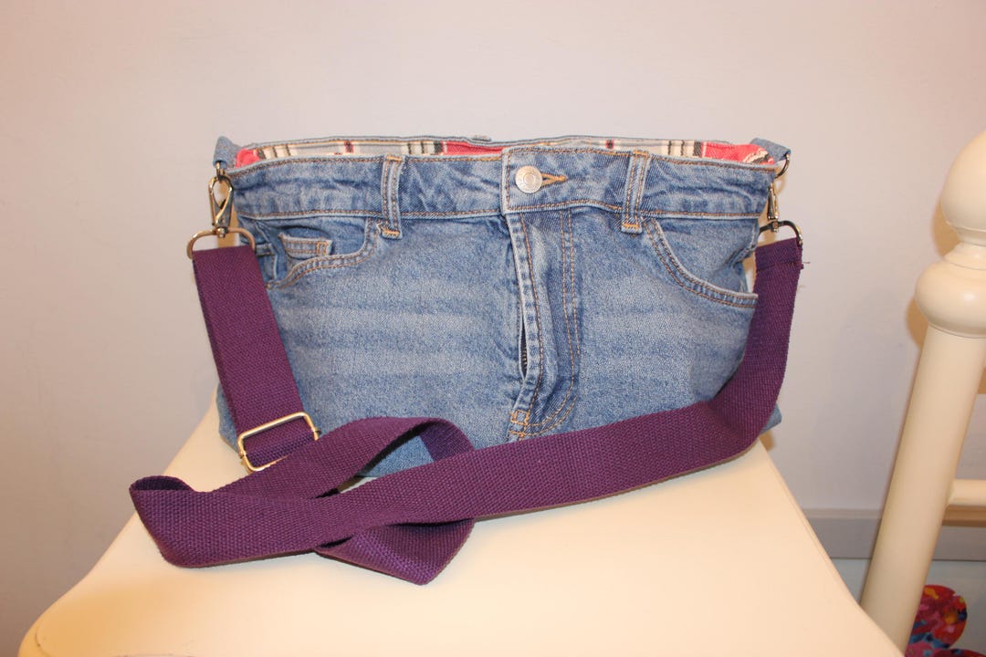 Recycled Denim Shoulder Bag With Purple Strap, Upcycled Jeans Tote ...