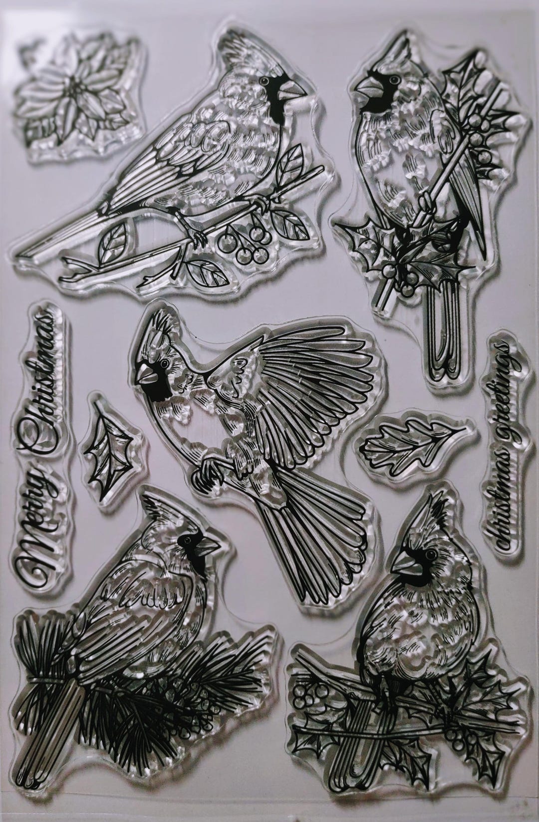 NEW Stamp Set of 10 Cardinal Christmas Holly Leaves and Greetings Clear ...