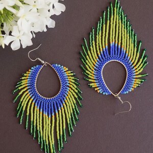 Peacock Feather Earrings Parrot Earrings Peacock Earrings Beaded Fringe ...