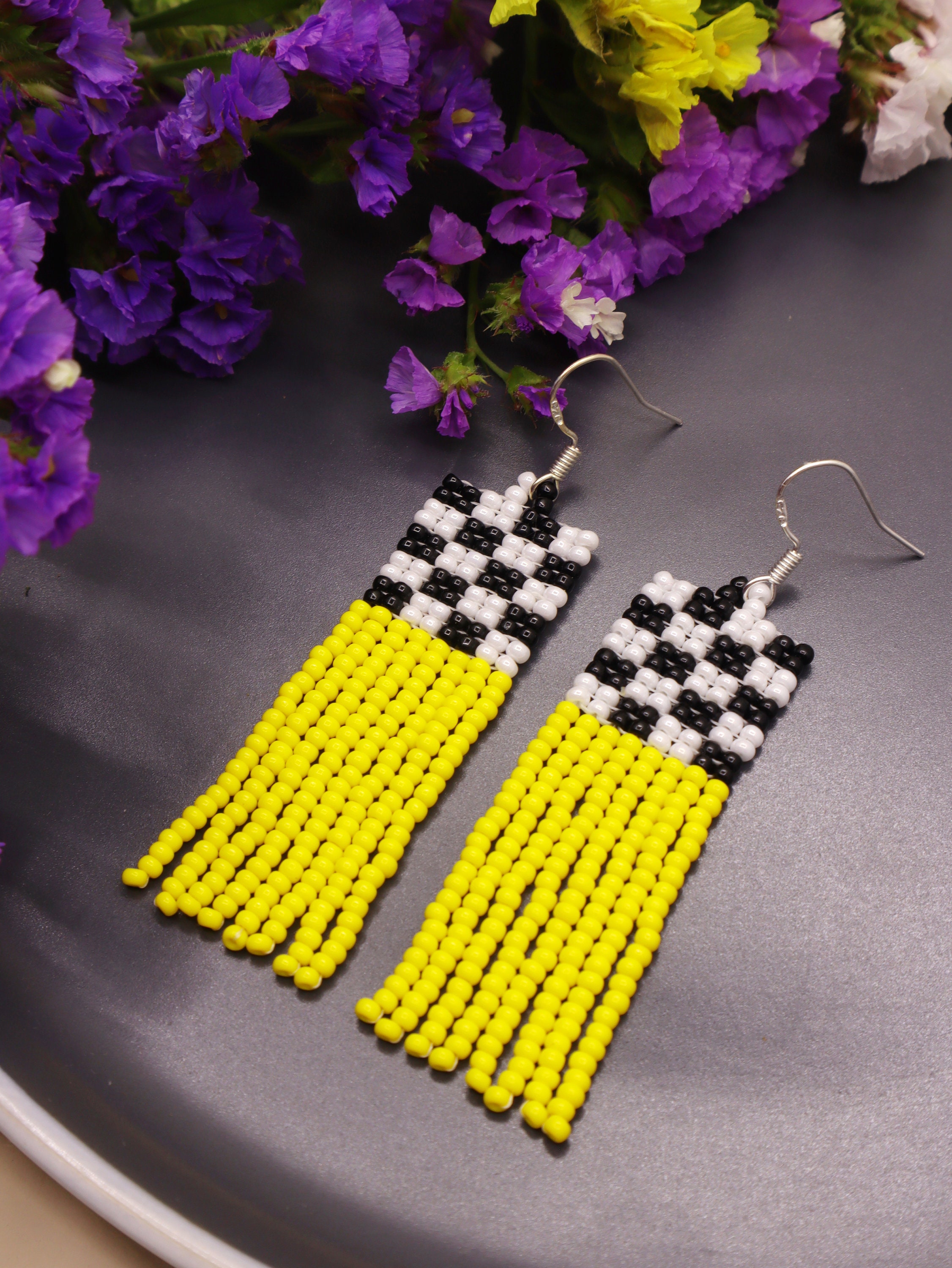 Color Block Earrings Hot Pink Earrings Beaded Fringe Earrings Burgundy ...