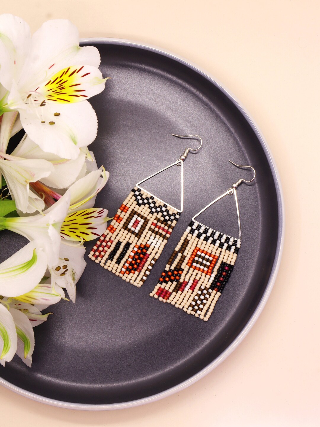 Abstract Geometric Earrings Beaded Fringe Earrings Mismatched Earrings ...