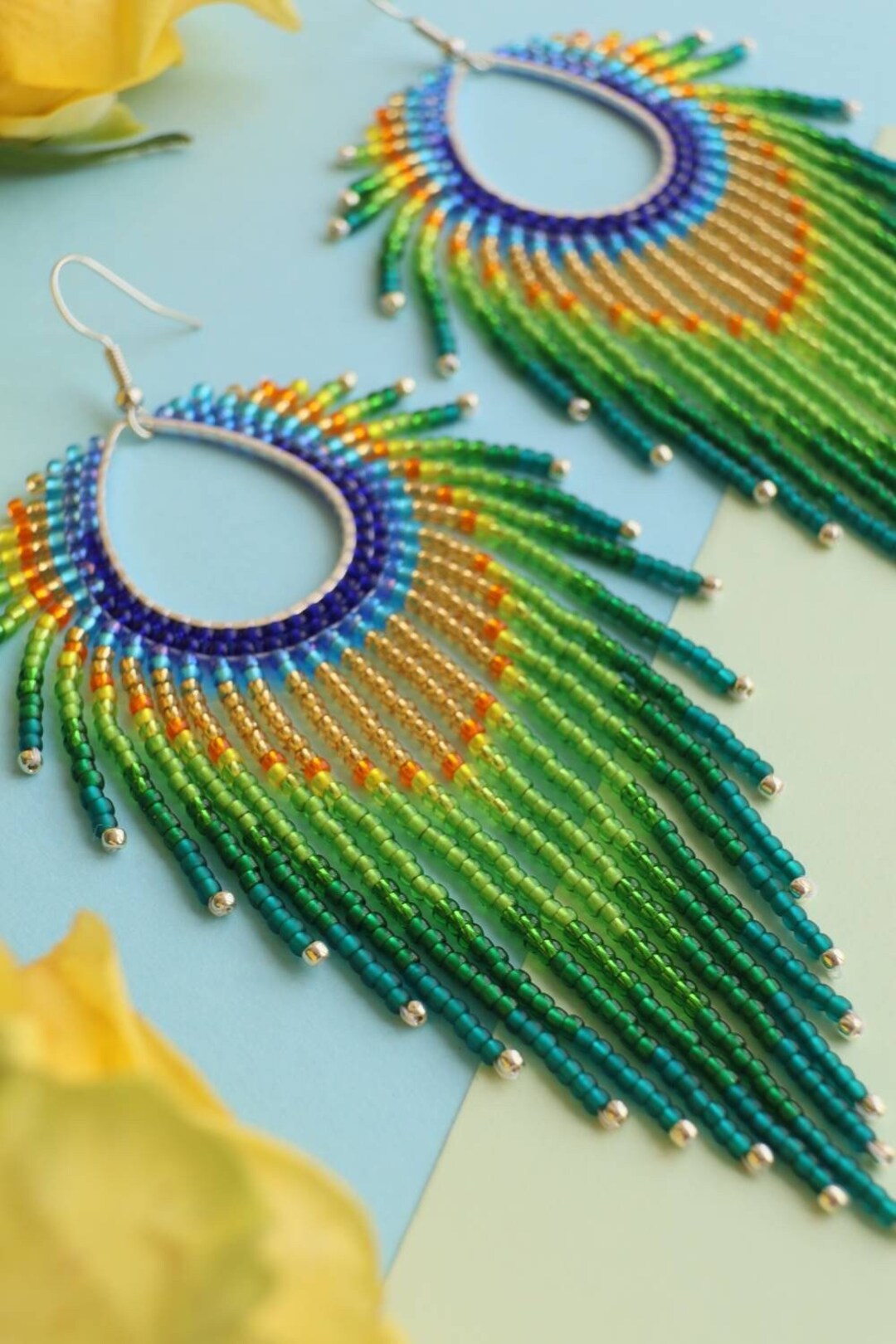 Peacock Earrings Beaded Fringe Earrings Long Feather Earrings Peacock