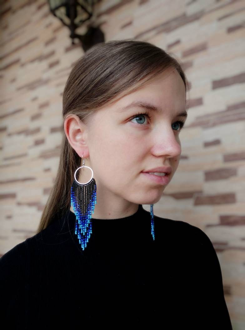 Black Chandelier Earrings Bright Blue Earrings Beaded Fringe Earrings ...