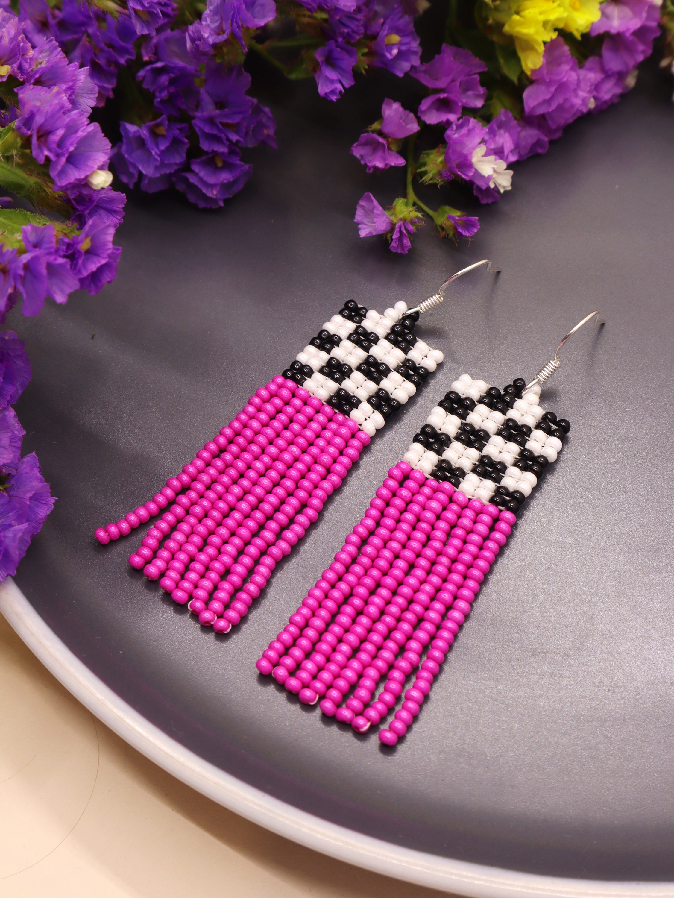 Color Block Earrings Hot Pink Earrings Beaded Fringe Earrings Burgundy ...