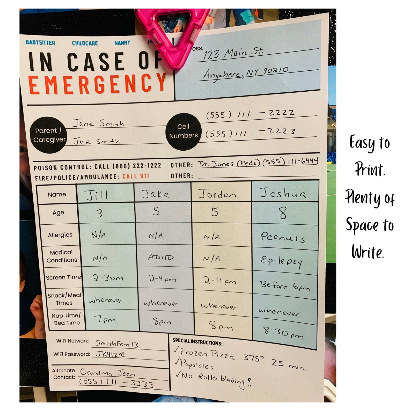 In Case of Emergency Printable, Babysitter Safety Sheet, Childcare ...