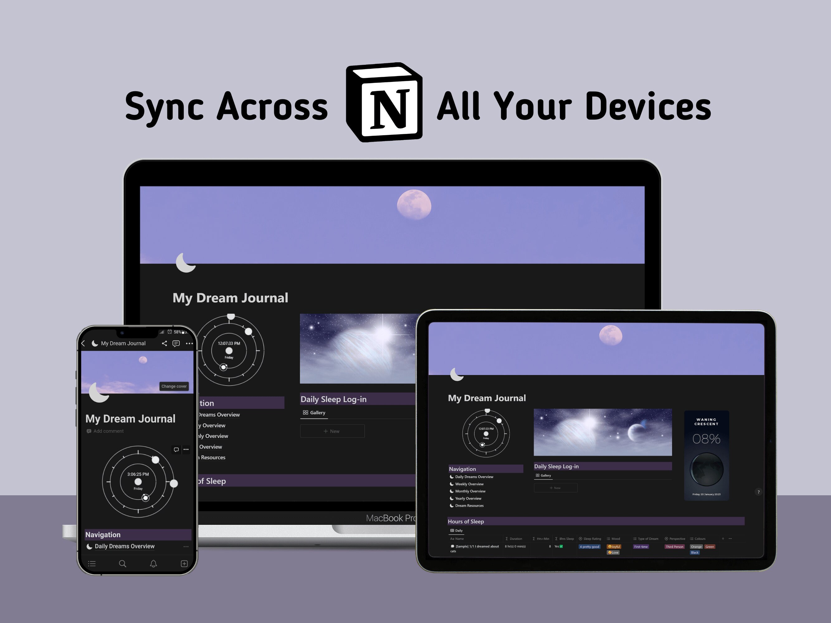 Violet Moon Notion Sleep Tracker Notion Dream Journal Notion Template ...