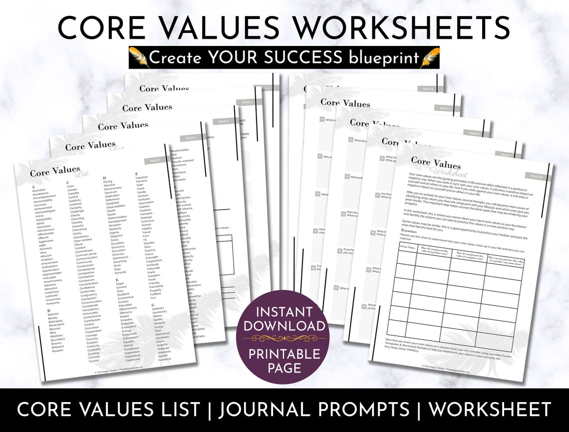 Personal Core Value Worksheets Instant Download Printable PDF - Etsy