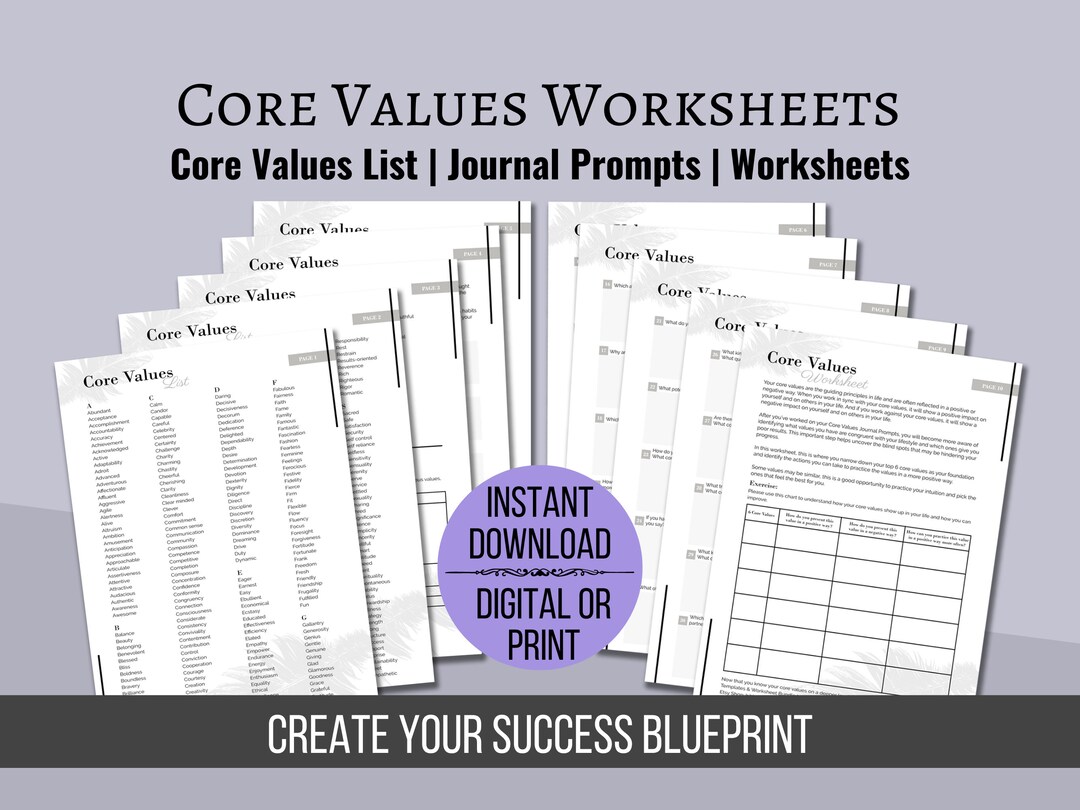 Personal Core Value Worksheets Instant Download Printable PDF With ...