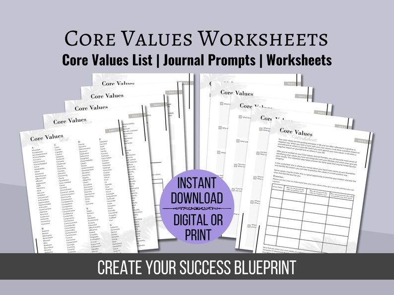 Personal Core Value Worksheets Instant Download Printable PDF With ...