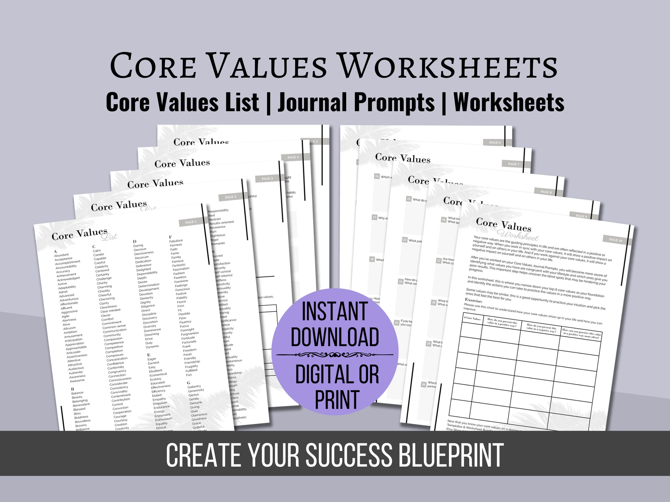 Personal Core Value Worksheets Instant Download Printable PDF With ...
