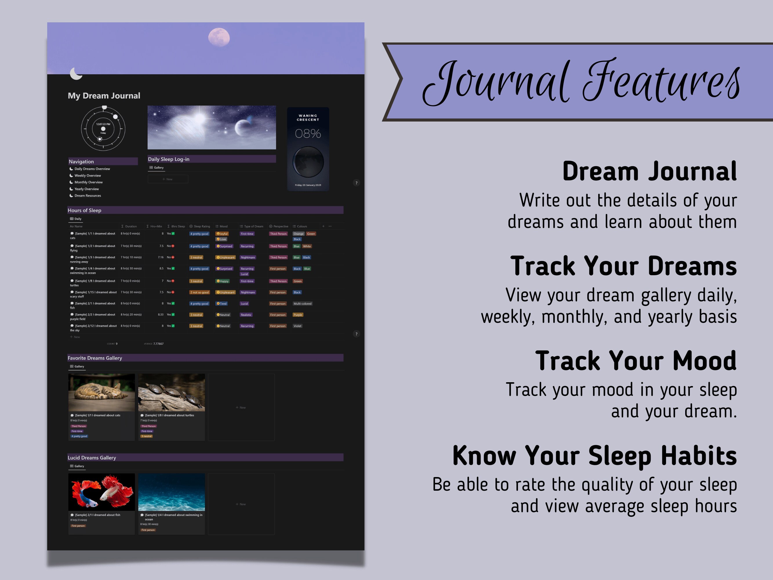 Violet Moon Notion Sleep Tracker Notion Dream Journal Notion Template ...