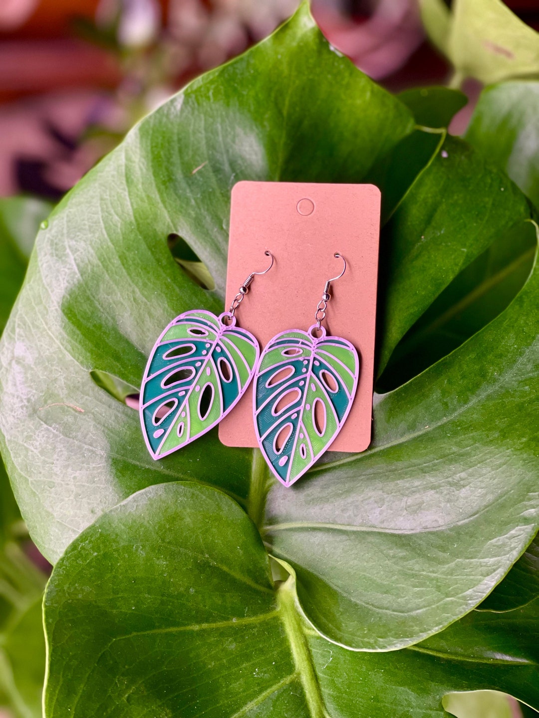 Custom Variegated Monstera Earrings , 3 Color Unique 3D Printed Earring ...