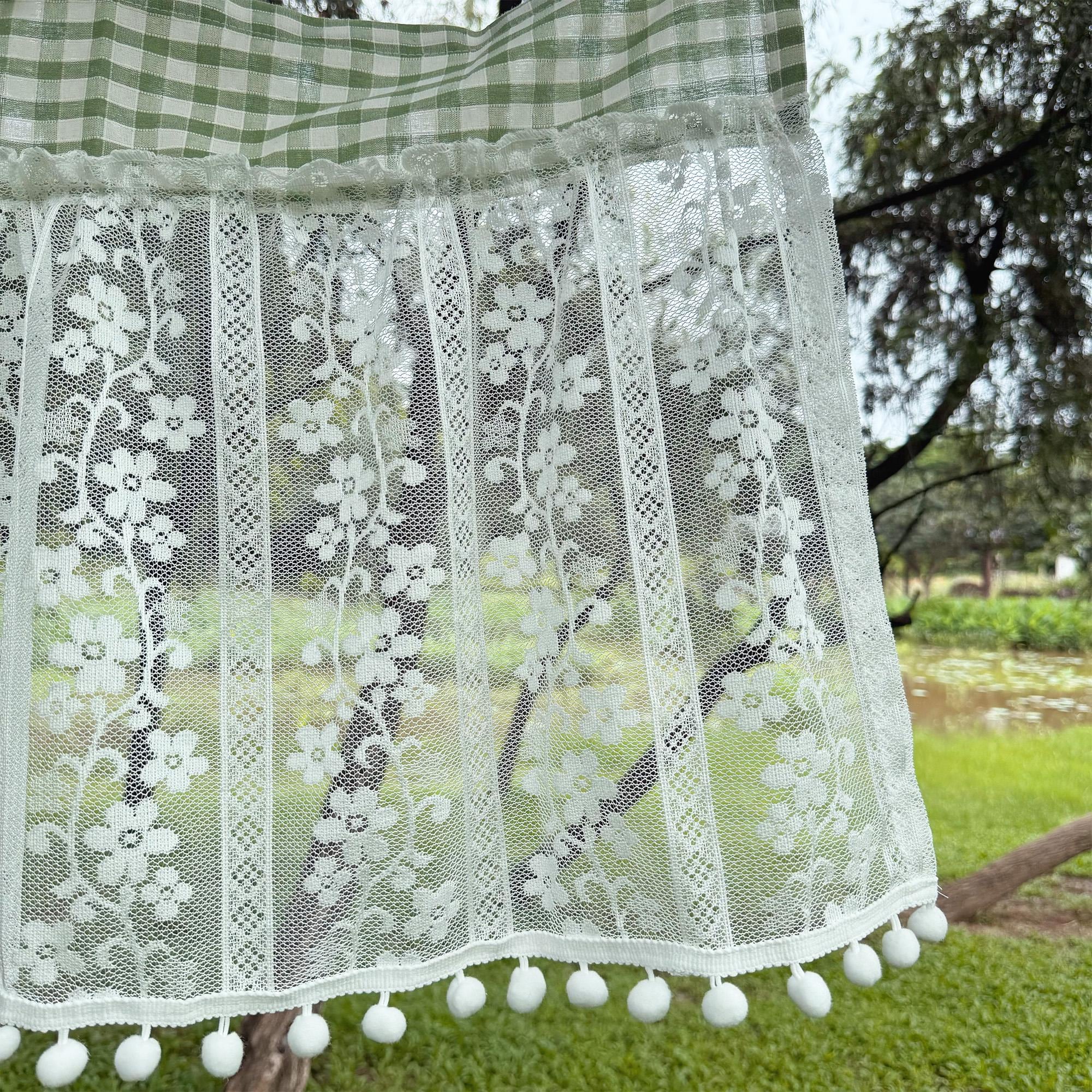 Green Gingham Short Curtains With Tie Top, White Retro Embroidered ...
